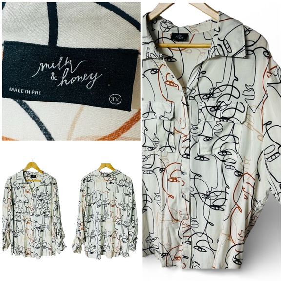 Milk & Honey | Tops | Face Line Art Print Milk Honey Button Front ...